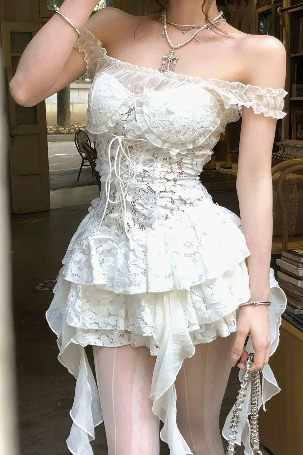 White Lace Off Shoulder Slip Chic Y2K Vintage Mini Dress – Cosmoslay
